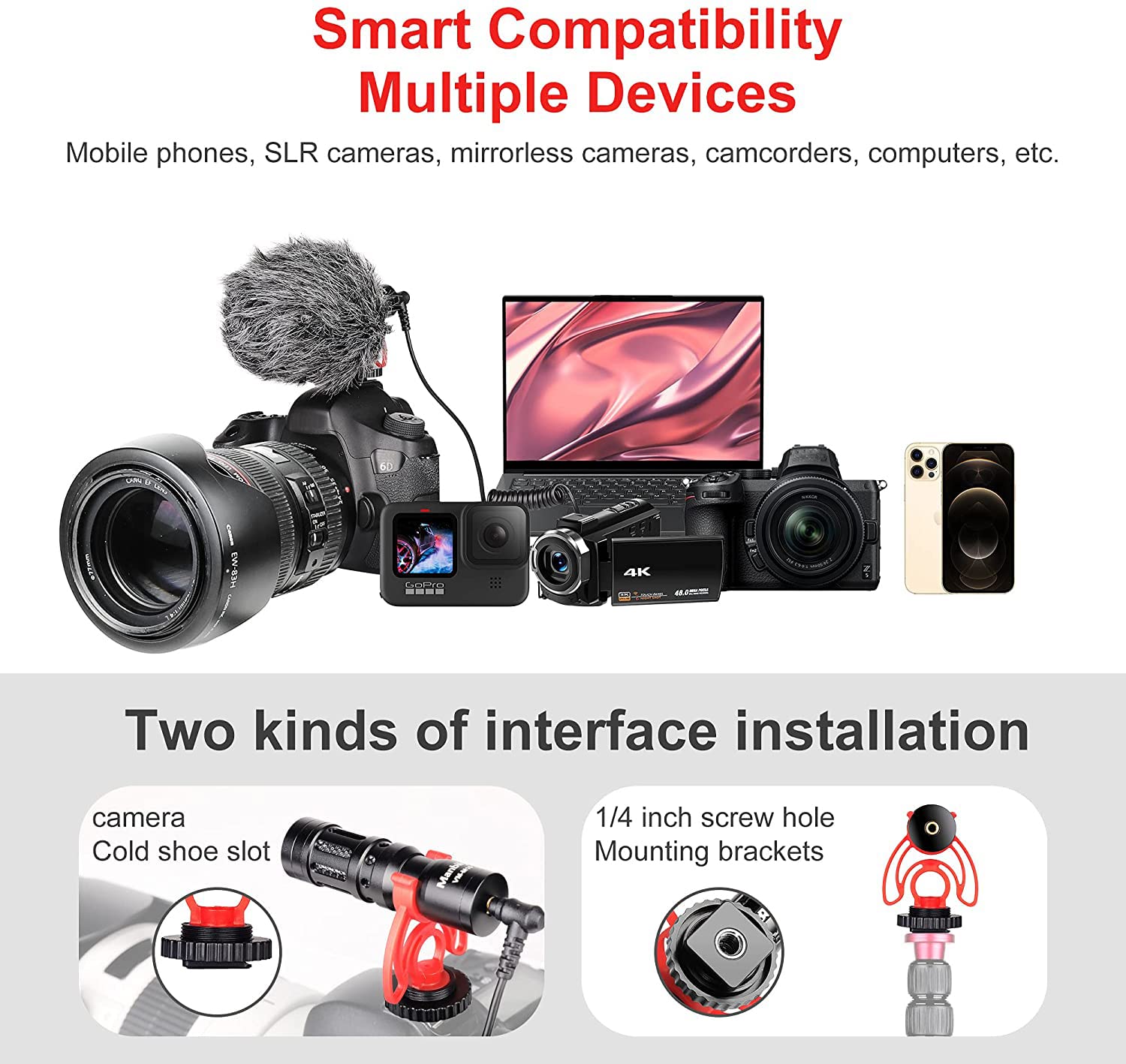 Manbily Universal Shotgun Video Microphone with Shock Mount Windscreen Phone Clip 3.5mm Conversion Cable,Compact Mic Compatible with DSLR Cameras iPhone/Android Smartphones for Audio Recording VM-M10