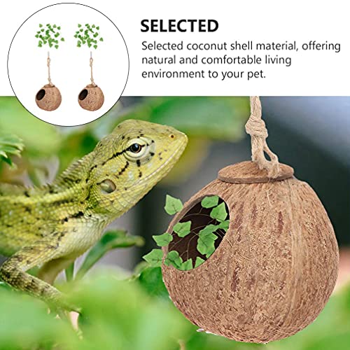 M I A 2 Pcs Crested Gecko Hut with 2 Vines Hanging Coconut Shell Reptile Treat Food Dispenser Bird Nest Reptile Hide Cave Lizard Nesting Hideout for Small Animal Random Color