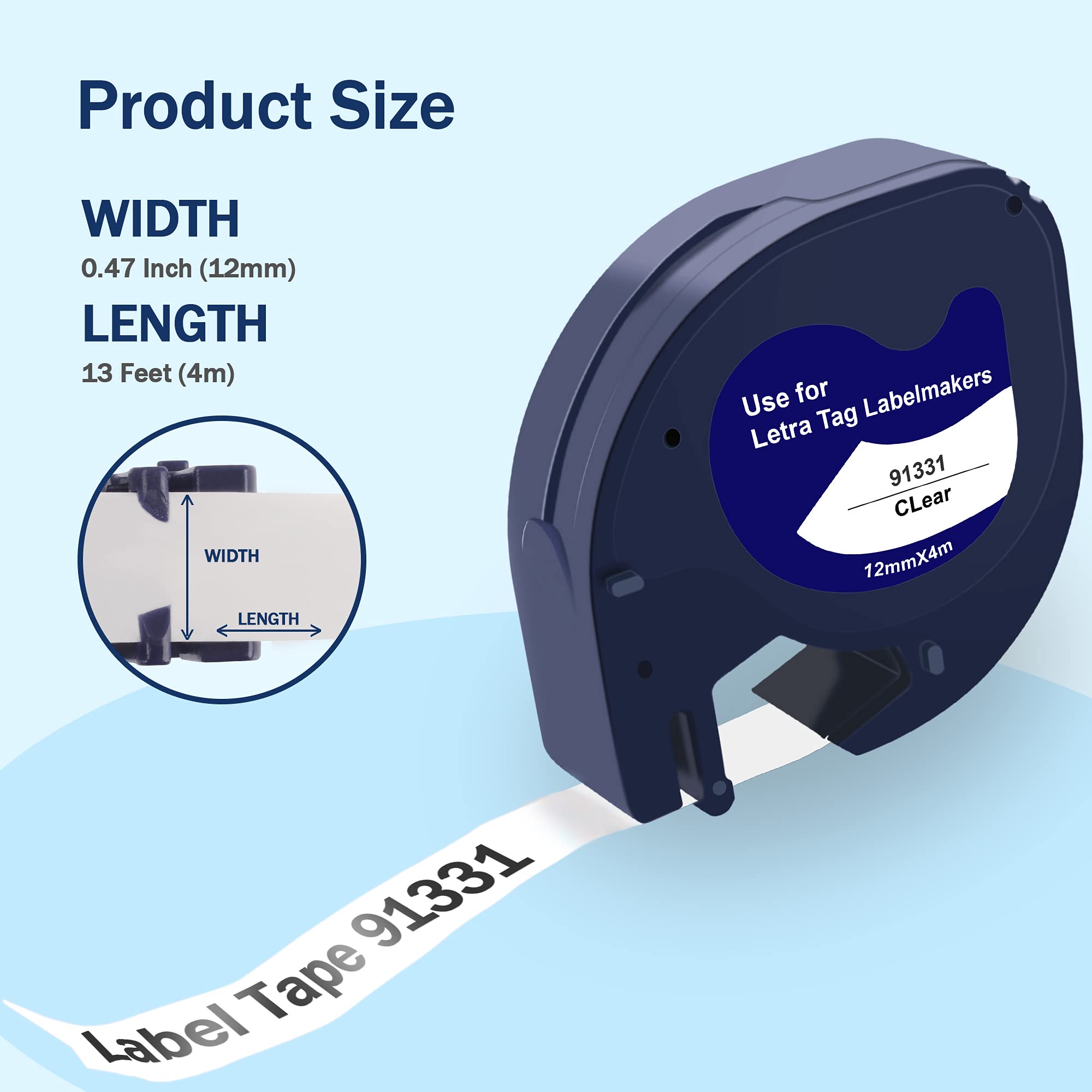 ISTAR Compatible Label Tape Replacement for Dymo Letratag Labeling Refills 91331 (S0721660) to use with Label Maker LT-100T LT-100H LT-110T, 0.47 Inch (12mm) x 13 Feet (4m), Black on Clear, 6-Pack