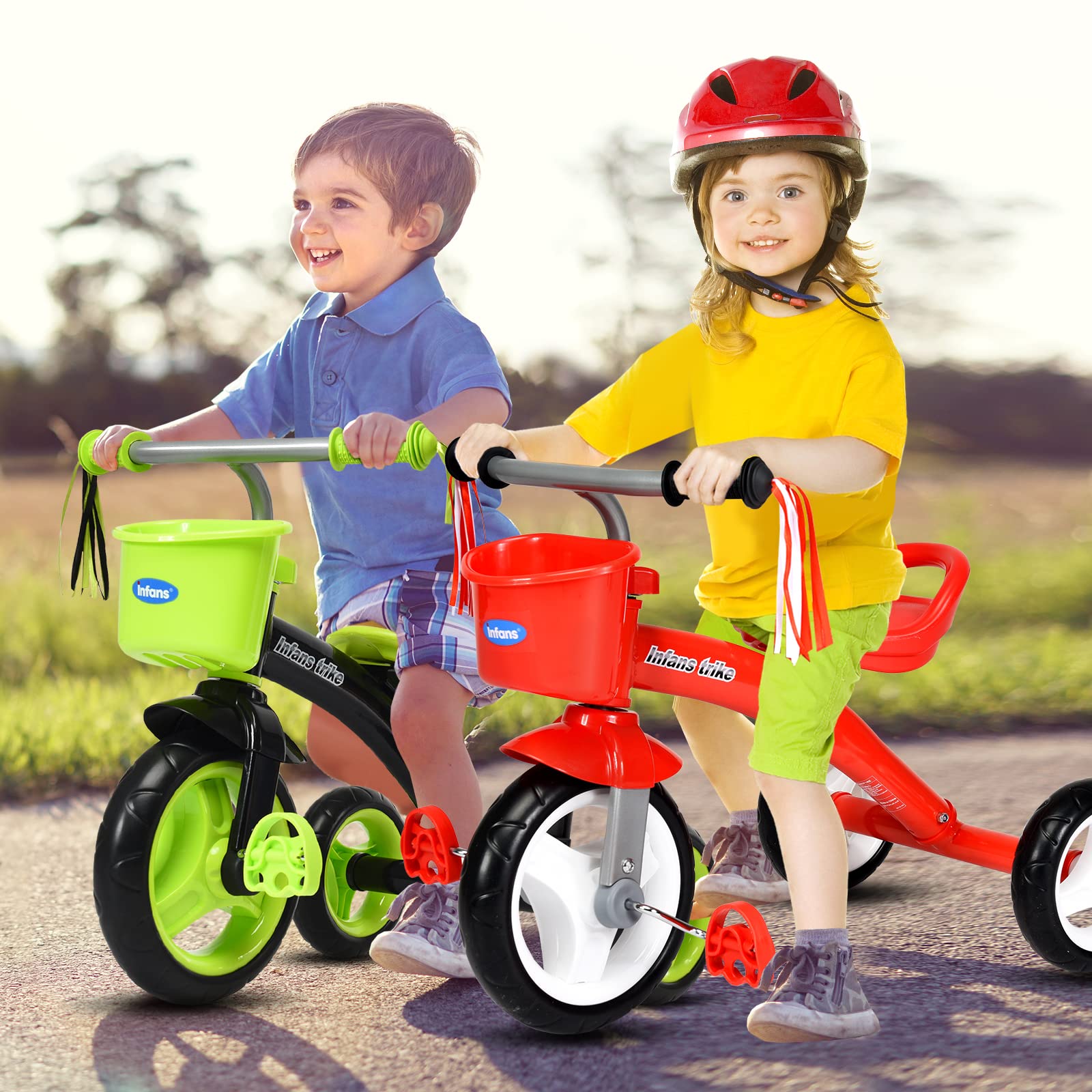 INFANS Kids Tricycle Rider with Adjustable Seat, Storage Basket, Premium Quiet Wheels, Non-Slip Handle (Red)