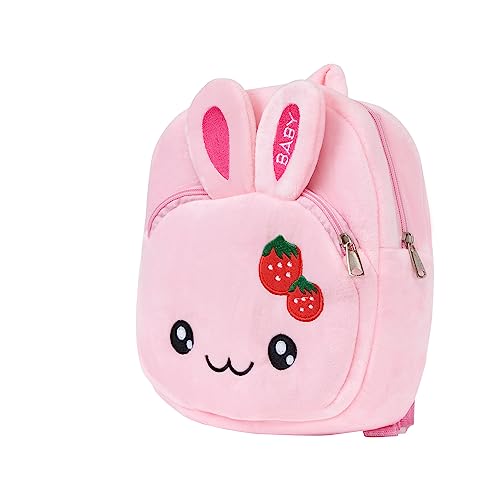 Kids Small Backpack Set - Animal Plush Backpack For Kids - Cute & Functional With Fun Accessories - Includes Cartoon Stickers and Mini Color Pencil Tubes - (Pink Rabbit)
