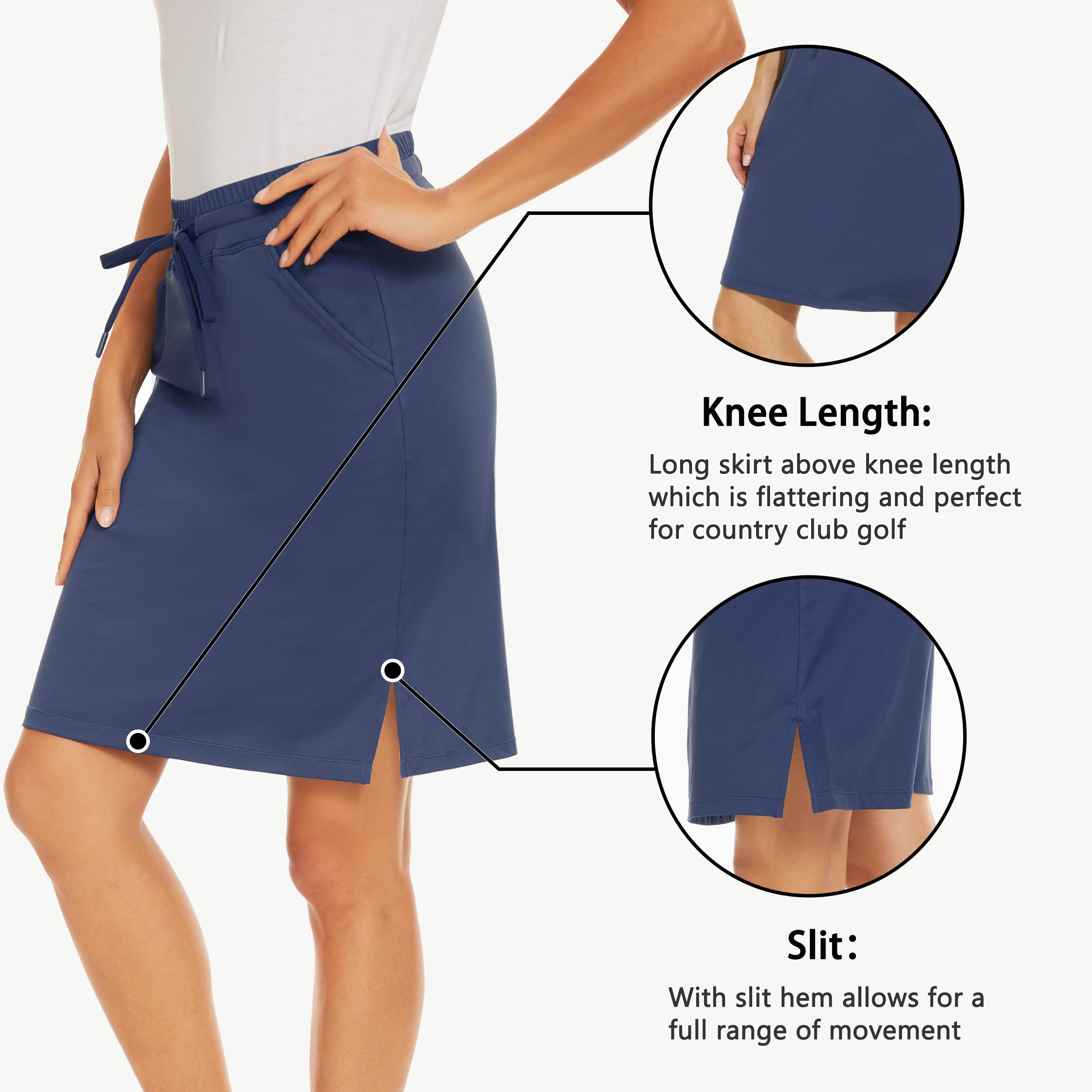 Moarol Women's Knee Length Skorts Long Golf Modest Athletic Casual Tennis Skirt for Summer with Pockets UPF50+ Navy Blue