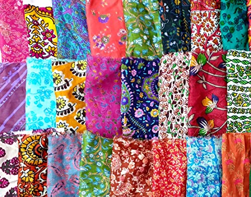 Vintage Fabrics Crafts Saree Silk Remnants DIY Scraps Fabric Sari Fabric Material 50 Small Pieces Small Floral Pieces for Art and Craft Scrapbook Art Doll Junk Journal