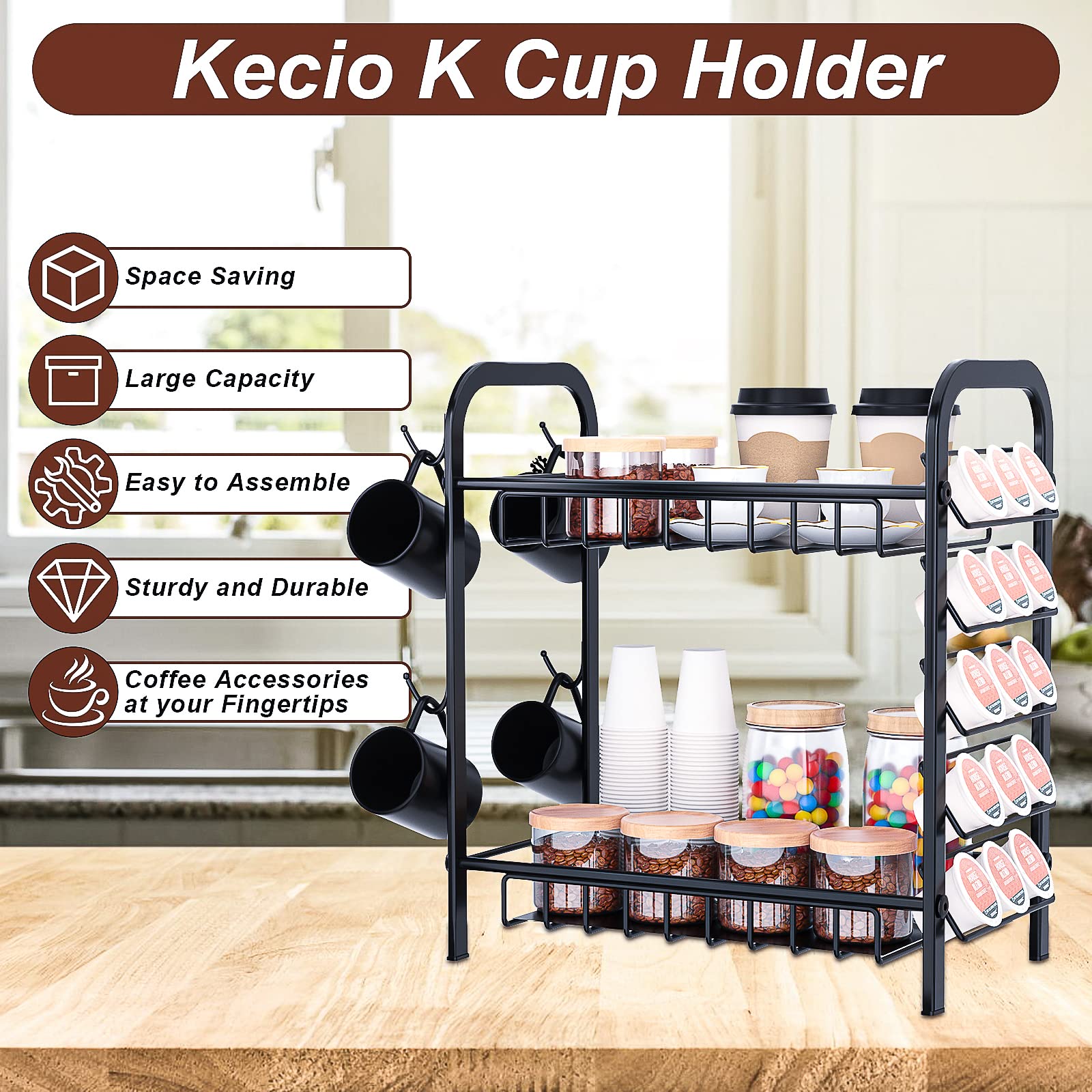 Kecio K Cup Holder, Large Capacity Coffee Pod Holder Coffee Bar Accessories and Cup Storage Organizer, Metal Coffee Station Organizer Save Space for Home, Kitchen, Office, Countertop (Capacity of 15)