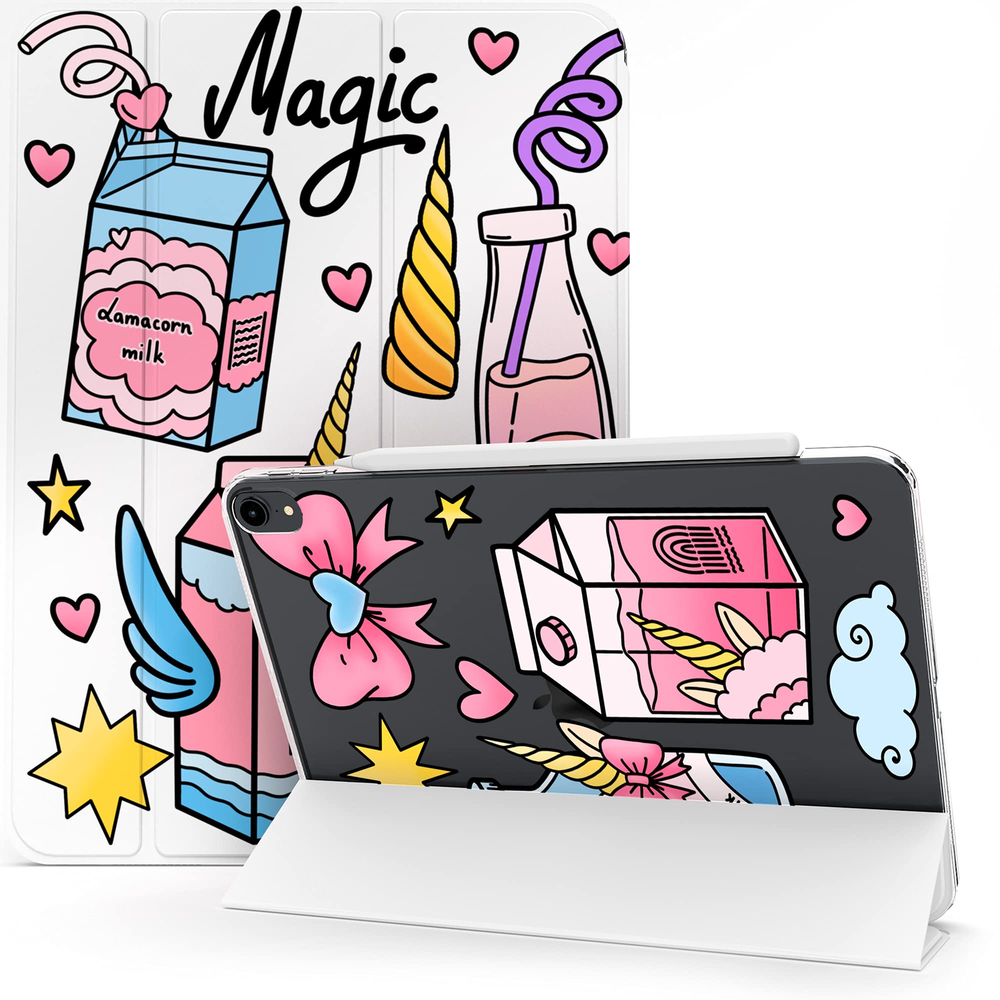 Loraw iPad Case Compatible with iPad Pro 11 inch 2021 2020 12.9 2018 10.2 9th 8th 7th Mini 5 6 Air 4 3 2 Milkshake Horn Stand Llamacorn Bow Rainbow Auto Wake/Sleep Unicorn Uni Print Protective Pink