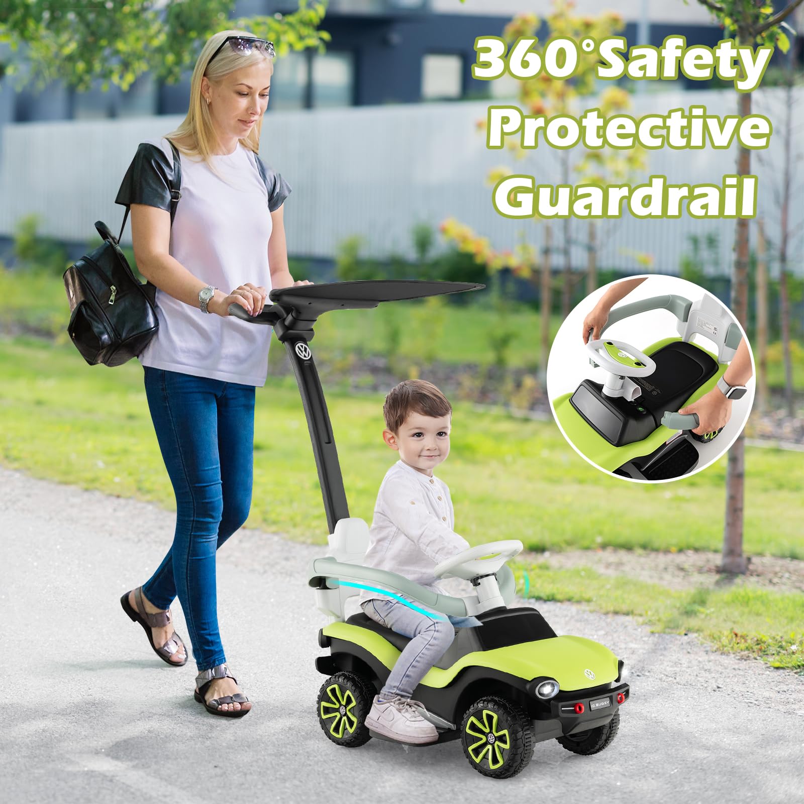 INFANS Ride on Push Car, 3 in 1 Licensed ID. Buggy Stroller Sliding Walking Car with Sun Canopy, Adjustable Handle, Guardrails, Foot-to-Floor Toy for 12-36 Months (Volkswagen)