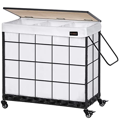 Laundry Hamper with Heavy Duty Caster Wheels; 3 Sections Clothes Hamper with Lid; 132L Laundry Basket with Removable Liner Bag; Laundry Sorter with Metal Handle (White)