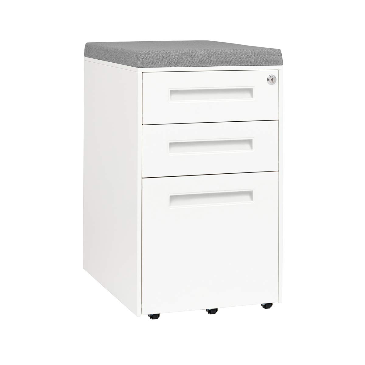 Laura Davidson Furniture STOCKPILE Seated 3 Drawer Mobile File Cabinet with Removable Magnetic Cushion Seat - Metal Filing Cabinet, Pre-Assembled, White with Grey Cushion
