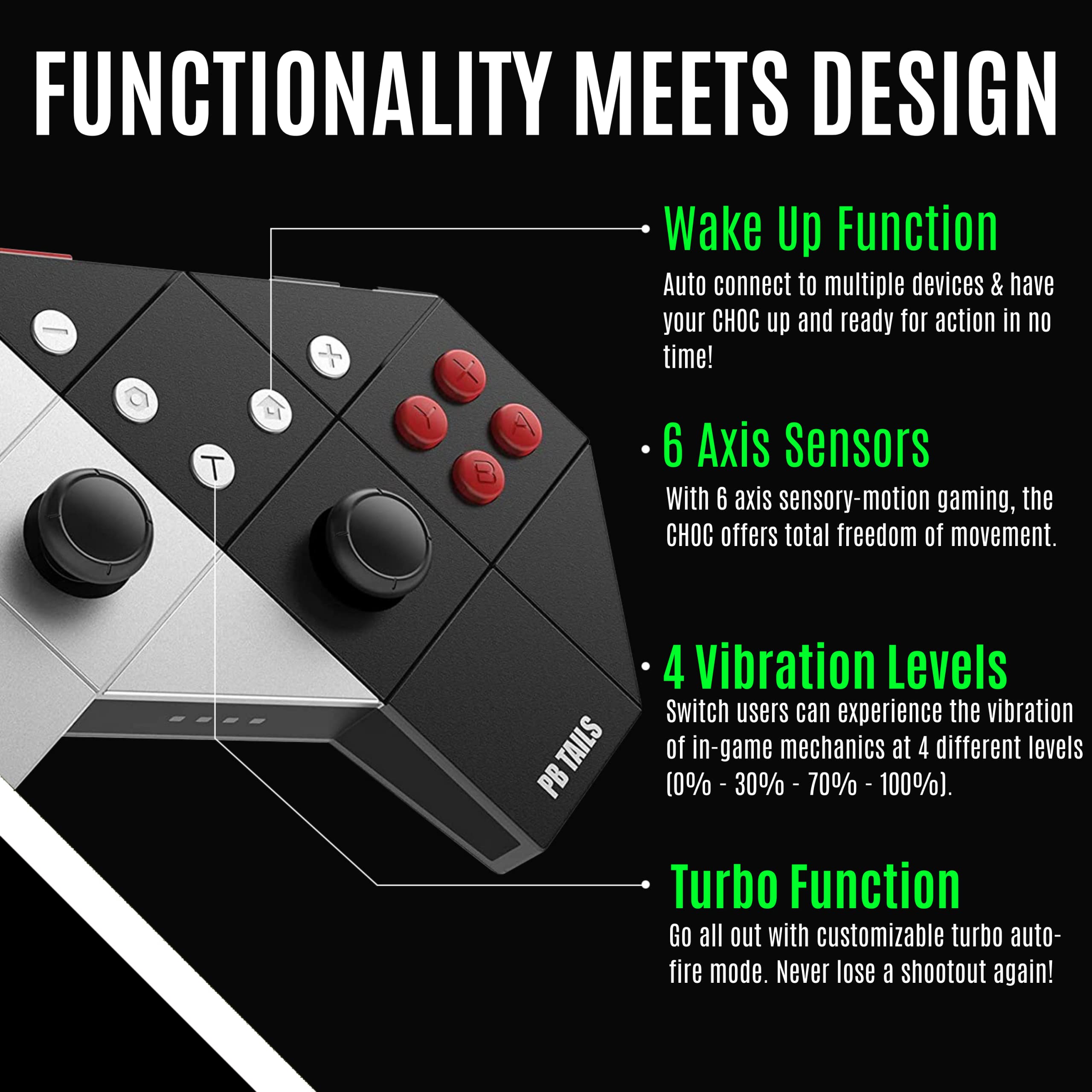 PB TAILS CHOC Portable Android Gaming Controller | Wireless Bluetooth Game Controller for Nintendo Switch, PC, STEAM | Retro Controller Gift Idea | Turbo-Mode, Motion Control, Vibration | Black/Silver
