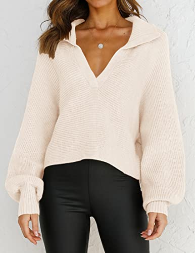 ZESICA Women's 2023 Fall Lapel Collar V Neck Long Sleeve Ribbed Knit Comfy Loose Casual Pullover Sweater Jumper Top,Beige,Medium