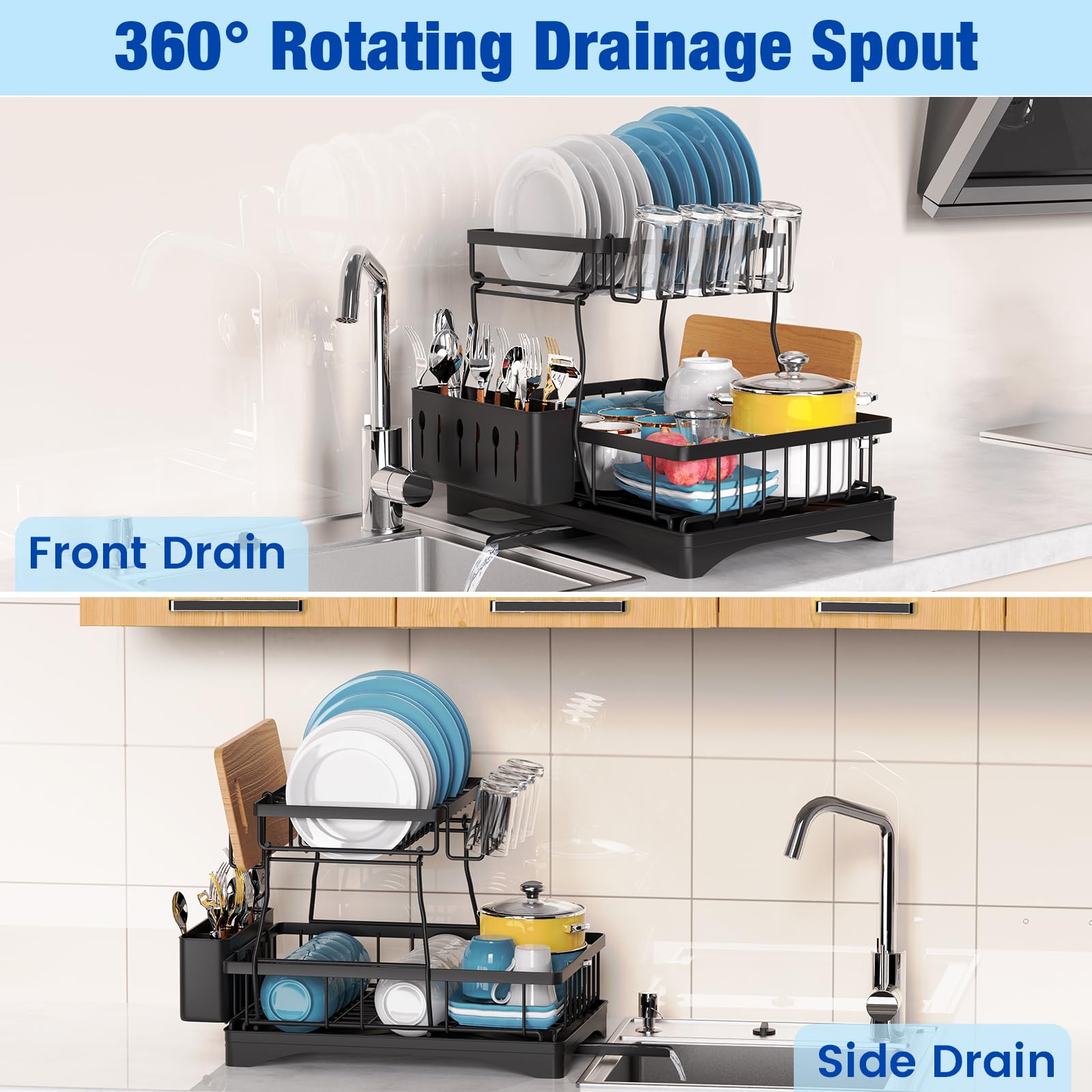 IVMAIE 2 Tier Dish Drying Rack, Auto-Drain Dryer Racks with 270° Rotating Spout, Stainless Steel Large Dish Drainers with Drainboard, Utensil Holder, Cutting Board Holder for Kitchen Counter, Black