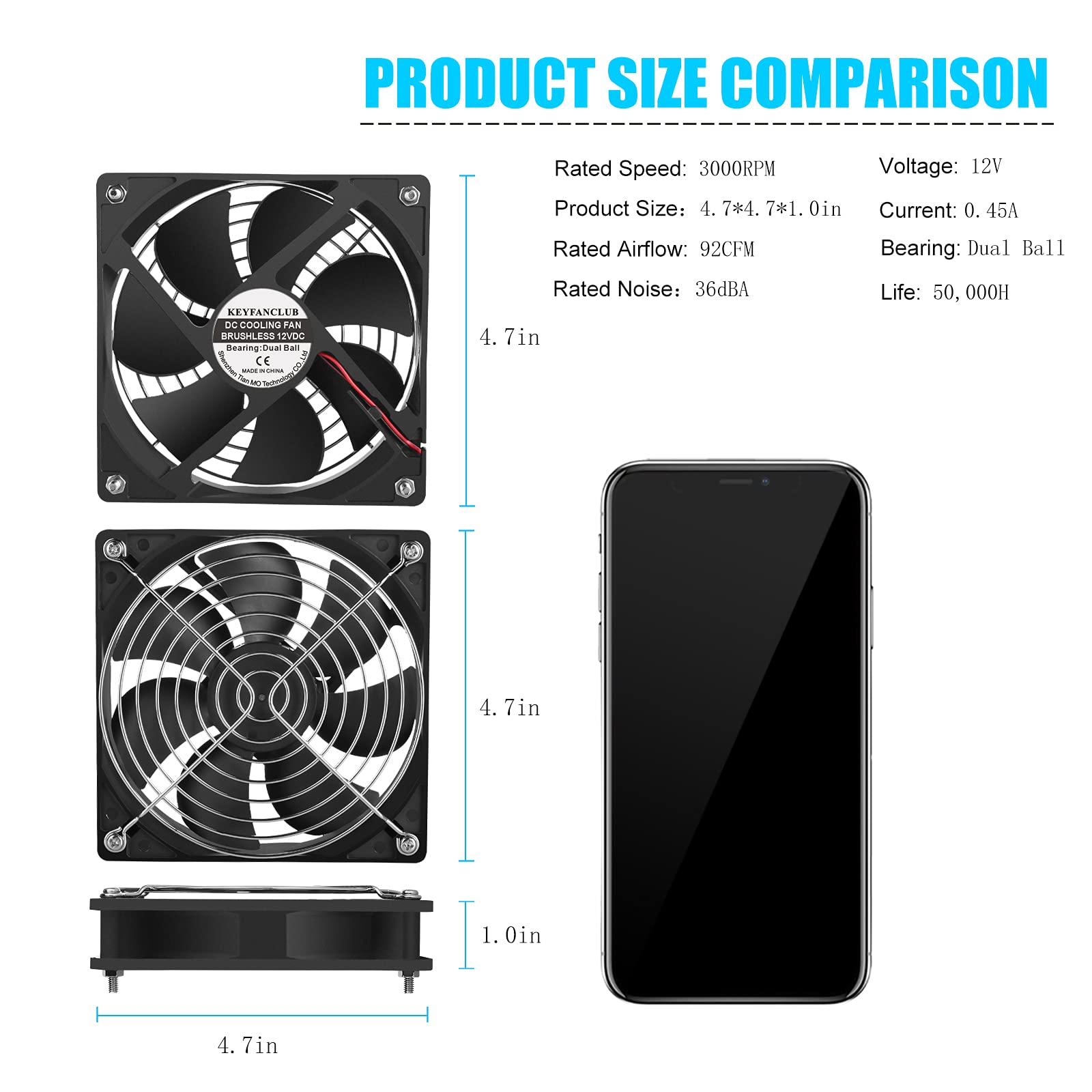 KEYFANCLUB 2-Pack 120mm PC Computer Fans DC 12V Computer Fan Dual Ball 120mm x120mm x 25mm 2 Pin High Performance Cooling Fan 3000RPM