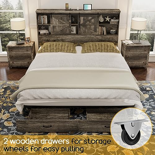 HOWE Queen Size Wood Platform Bed Frame with 51.2" Bookcase Headboard, Storage bed with Sliding Barn Door Charging Station 2 Drawers, No Box Spring Needed/Noise Free/Farmhouse/Rustic Grey