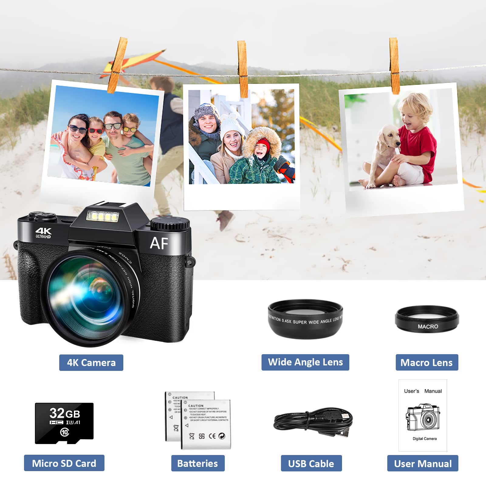 KOKITS 4K Vlogging Camera for YouTube, 48MP Digital Photography with 3''Flip Screen, 16x Zoom and Video Autofocus Anti-Shake, Wide Angle Lens, Macro 2 Batteries, 32GB Micro SD Card, Black (G10)