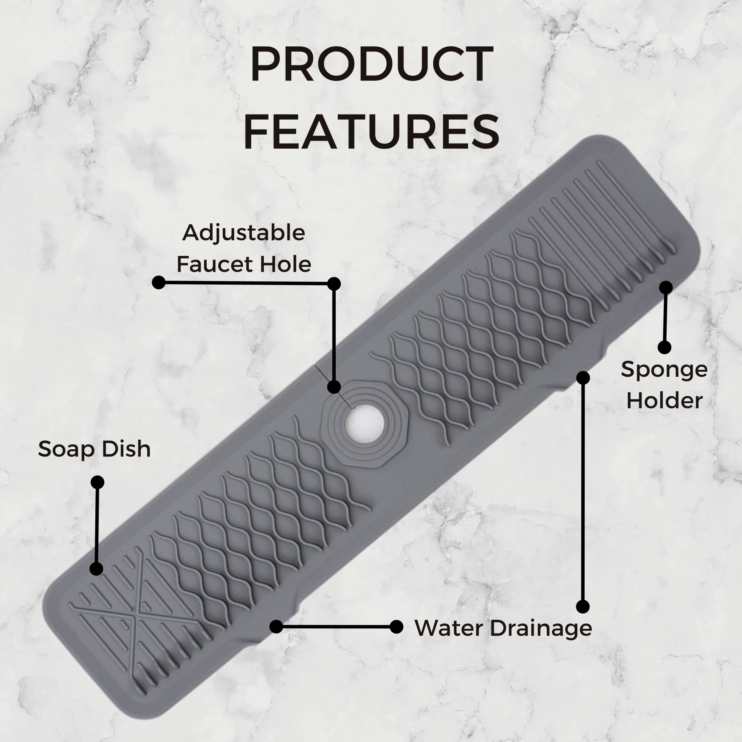 Kitchen Sink Splash Guard Behind Faucet 24 inch | Kitchen Faucet Mat Splash Guard Sink Accessories | Longer Mat, Self-Draining Inclined Slope Design, Durable, Dishwasher Safe, Adjustable Hole