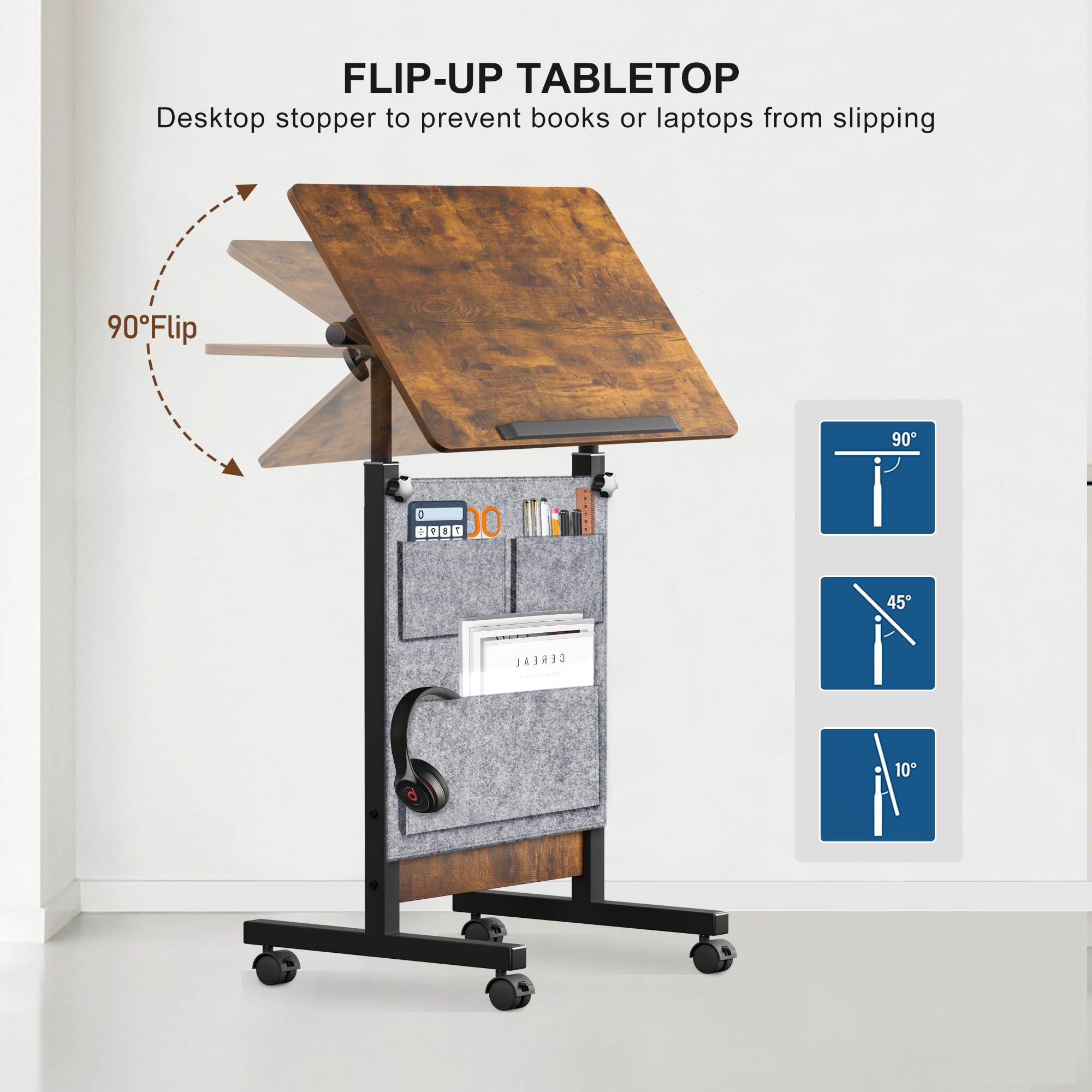 KOUPA Height Adjustable Standing Desk with Storage Bag 16 x 24 in, Portable Rolling Mobile Stand Up Table with Wheels, 360° Flip Laptop Computer Desk for Home Office, Rustic Brown