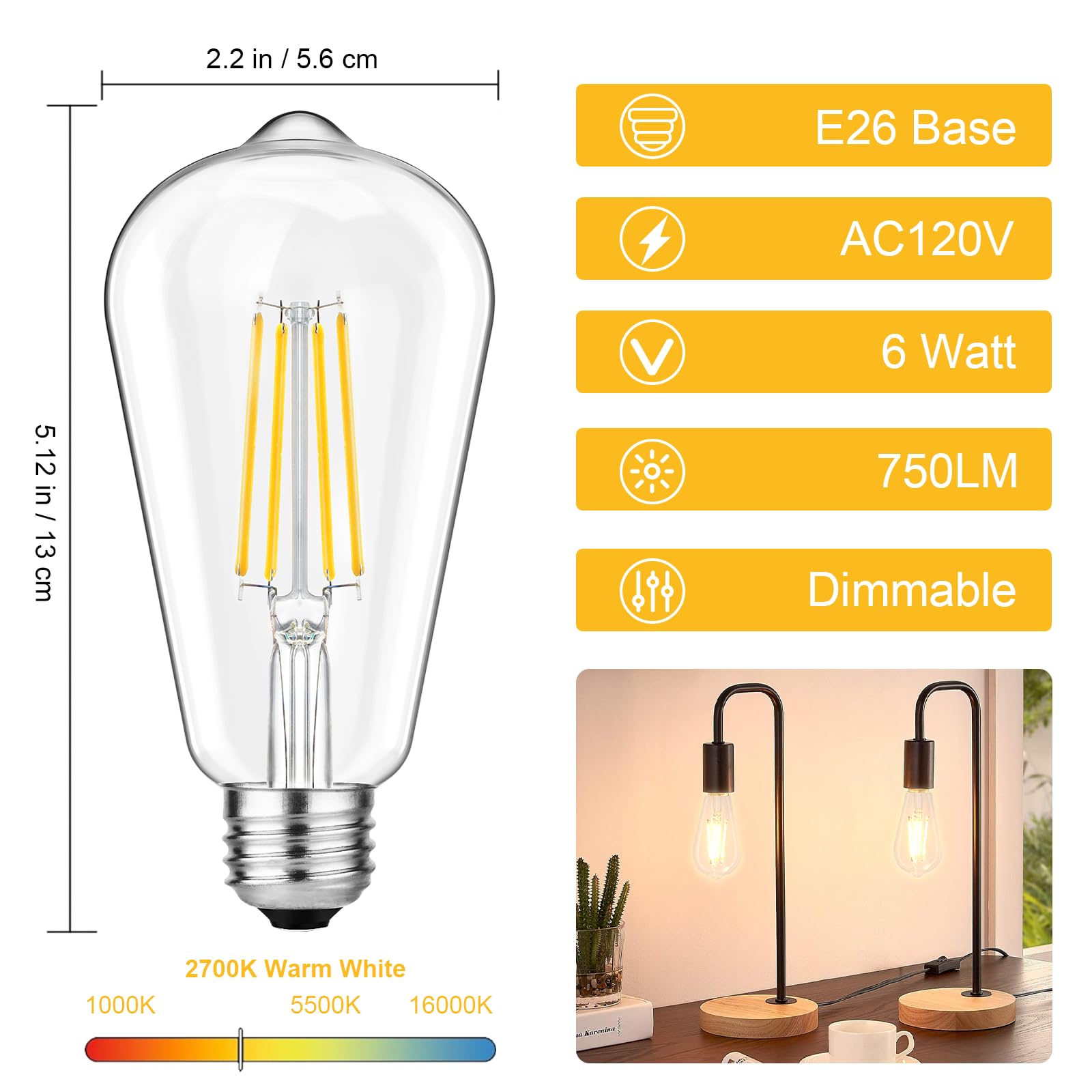 Svater 4-Pack Vintage LED Edison Bulbs 60W Equivalent, 6W ST58 2700K Warm White Antique LED Filament Bulbs, E26 Medium Base, Clear Glass Style for Home and Commercial, Dimmable
