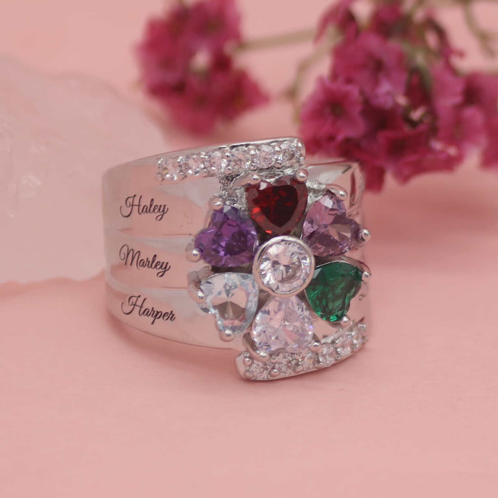 Laleonpame Mothers Ring Personalized Birthstones and Names Family Ring with 6 Heart Simulated Stone from Daughter Son