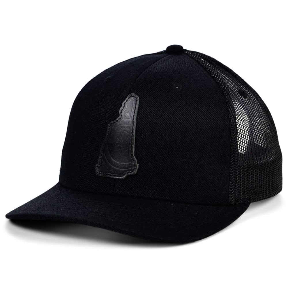 Local Crowns New Hampshire Black Leather State Flag Fill Patch Curved Blackout Trucker Cap