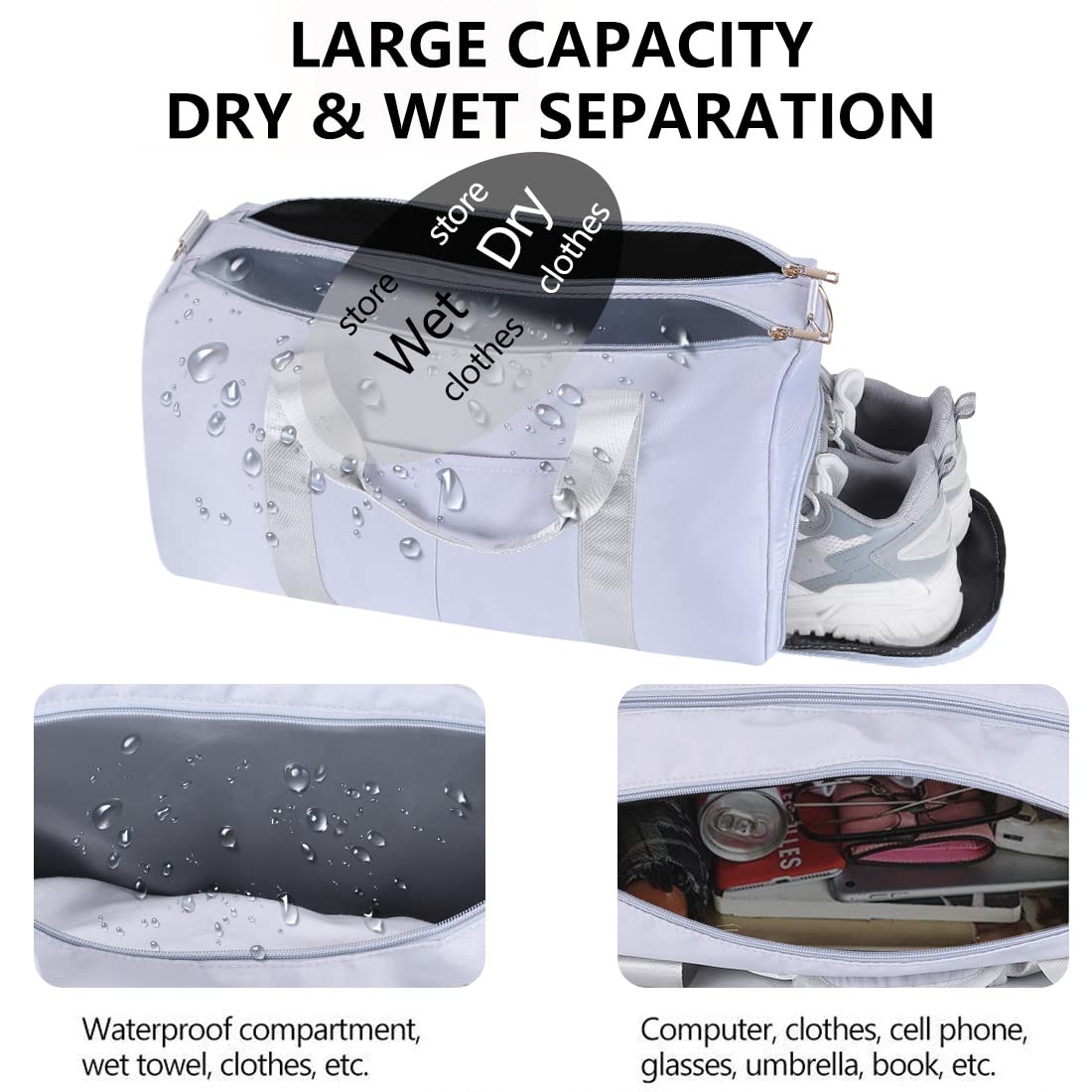 ICEIVY Gym Duffle Bag Dry Wet Separated Gym Bag Sport Duffle Bag Training Handbag Yoga bag with Extra Drawstring Backpack for man and women (Grey-Upgrade) Large