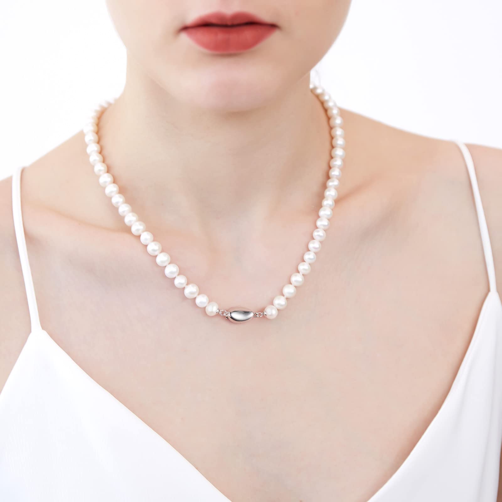 LANE WOODS Single Strand Pearl Necklace for Women (18 inch, 8-9mm)