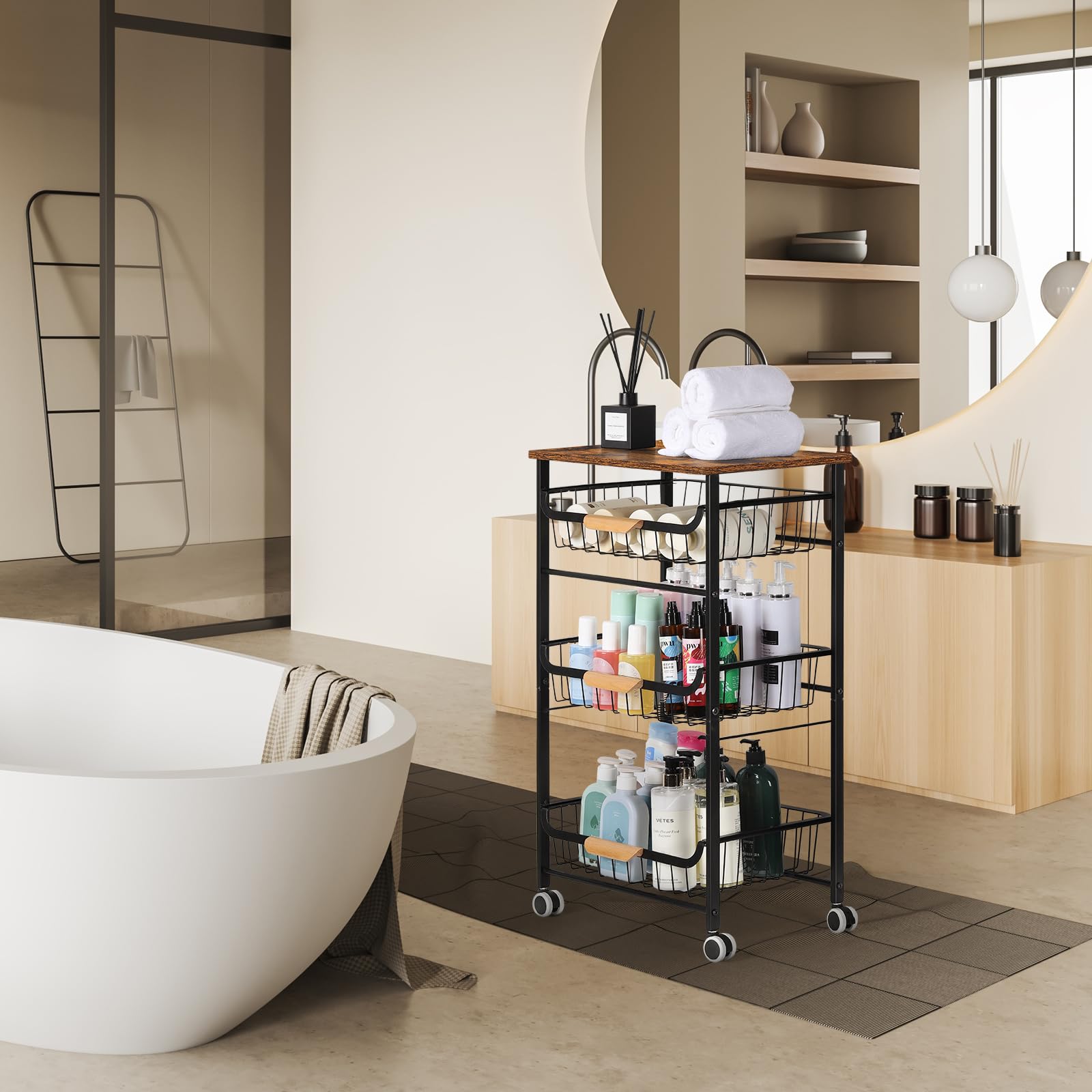 HEOMU 5 Tier Rolling Kitchen Storage Cart, Metal Microwave Stand Kitchen Island Cart on Wheels with Storage for Kitchen, Bathroom, Living Room, Bar, Office, Rustic Brown