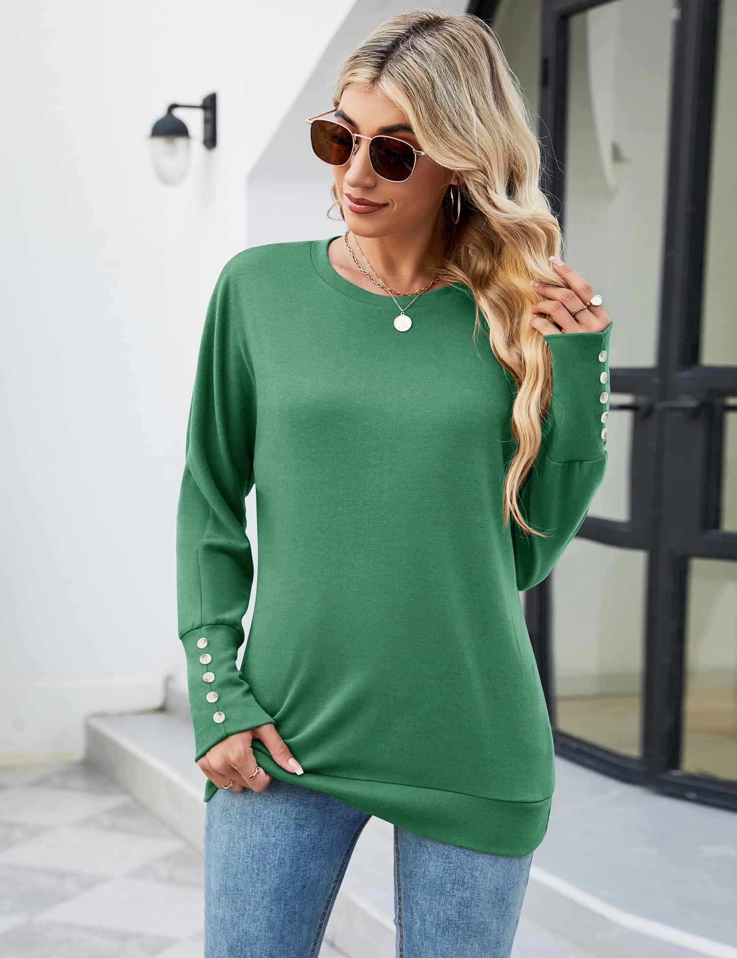 Micoson Casual Fall Women Crewneck Long Sleeve Shirts Solid Color Button Cuff Pullover Cute Tops Sweatshirt Green S