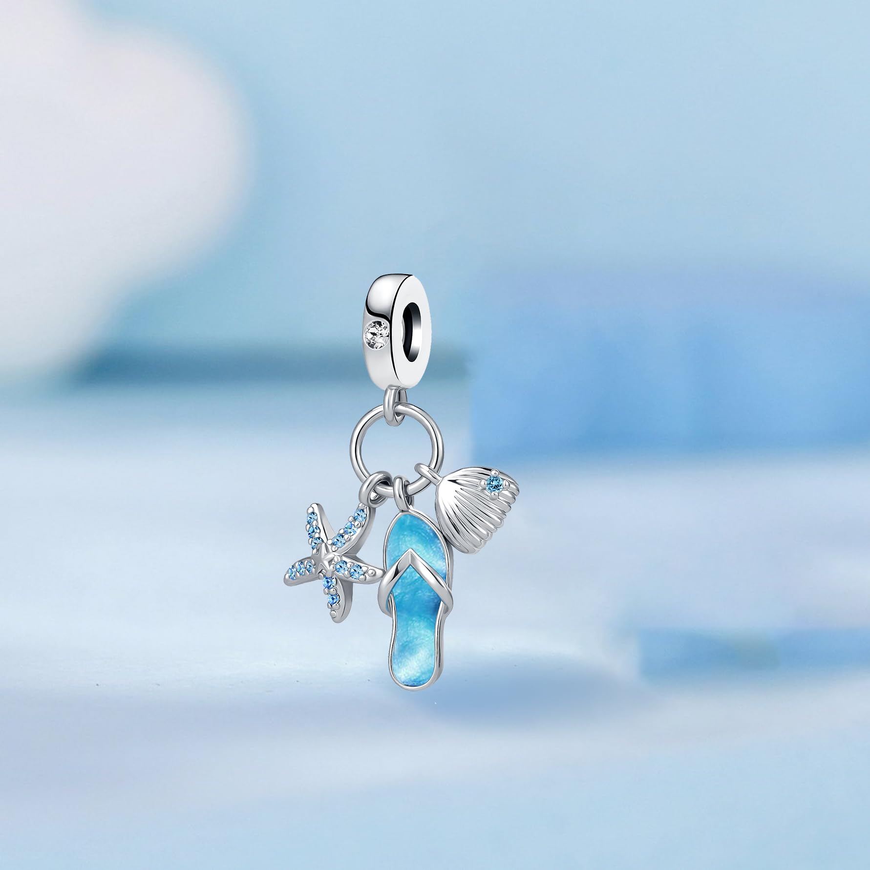 LuxglitterLin Beach Flip Flop Slipper Charm Starfish Sea Shell Bule Enamel Bead for Pandora Bracelets, Aut-42_Ocean