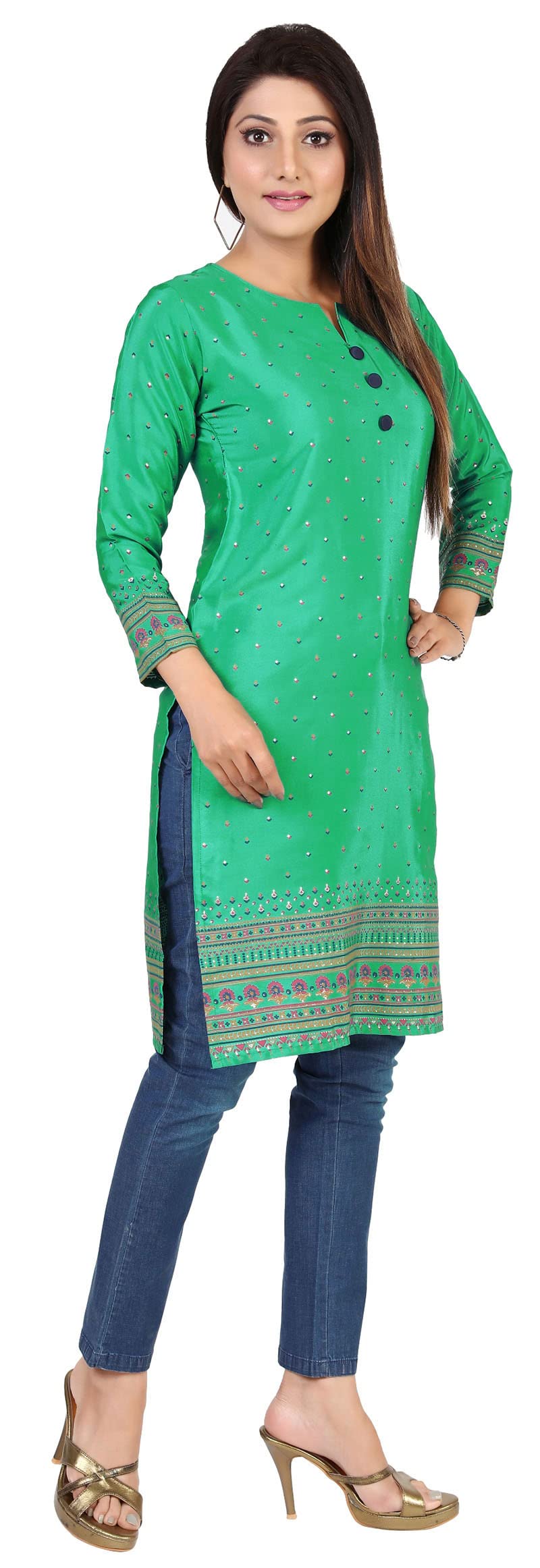 Indian Kurtas for Women Silk Long Kurti Tunic Party Wear Top (Green, 4XL)