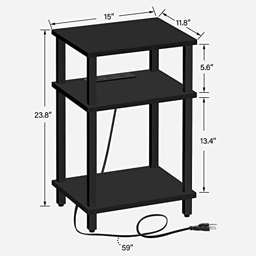 TUTOTAK End Table with Charging Station, Side Table with USB Ports and Outlets, Nightstand, 3-Tier Storage Shelf, Sofa Table for Small Space TB01BK042