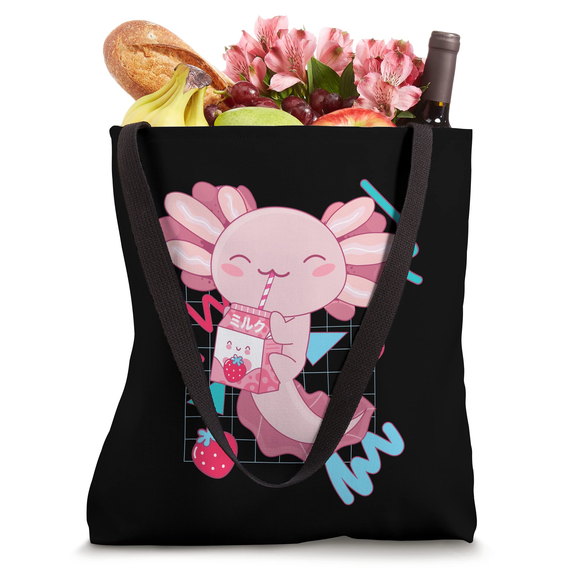 Kawaii Axolotl Strawberry Milk Shake Carton Retro 90s Anime Tote Bag
