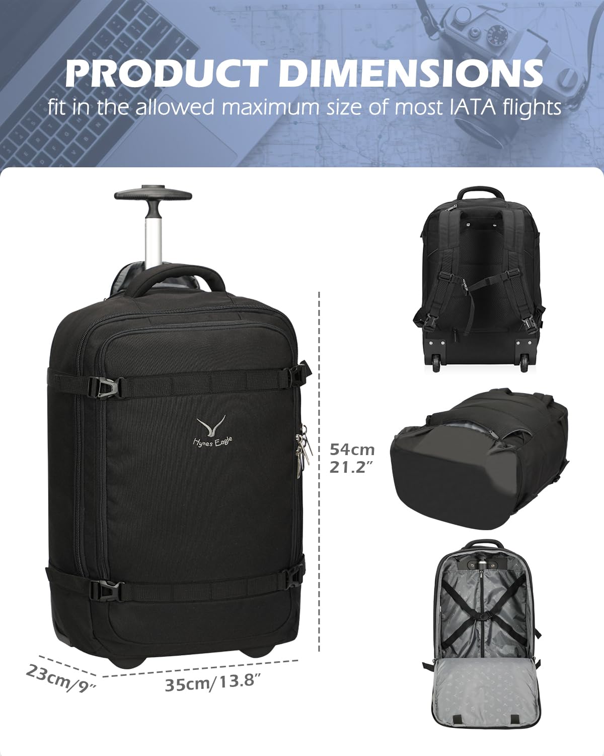 Hynes Eagle 42L Rolling Backpack Wheeled Backpack Flight Approved Travel Backpack Carry on Luggage Black with 3PCS Packing Cubes Set Red Violet