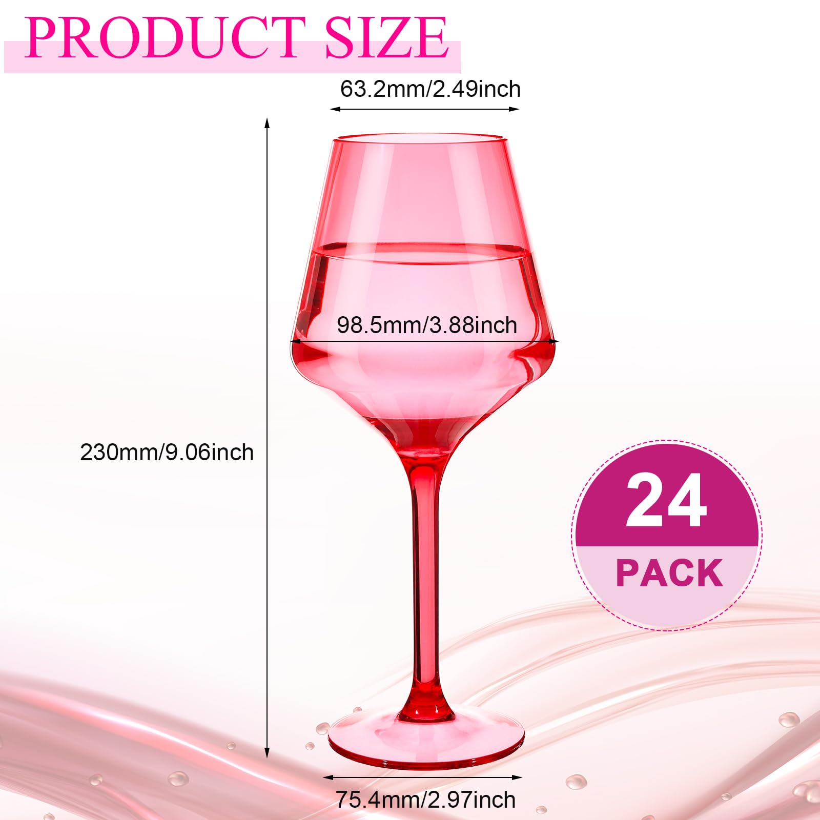Leinuosen 24 Pcs Plastic Wine Glasses Bulk 15 oz Pink Crystal Colored Wine Glasses with Long Stem Unbreakable Plastic Goblets Stemmed Drinking Glasses Reusable Drinkware for Christmas Party
