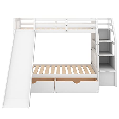Twin Over Full Bunk Bed with 2 Drawers and Slide,Solid Wood Bunk Bed Frame with Convertible Storage Staircase for Kids, Teens Bedroom, Guest Room Furniture, No Box Spring Needed