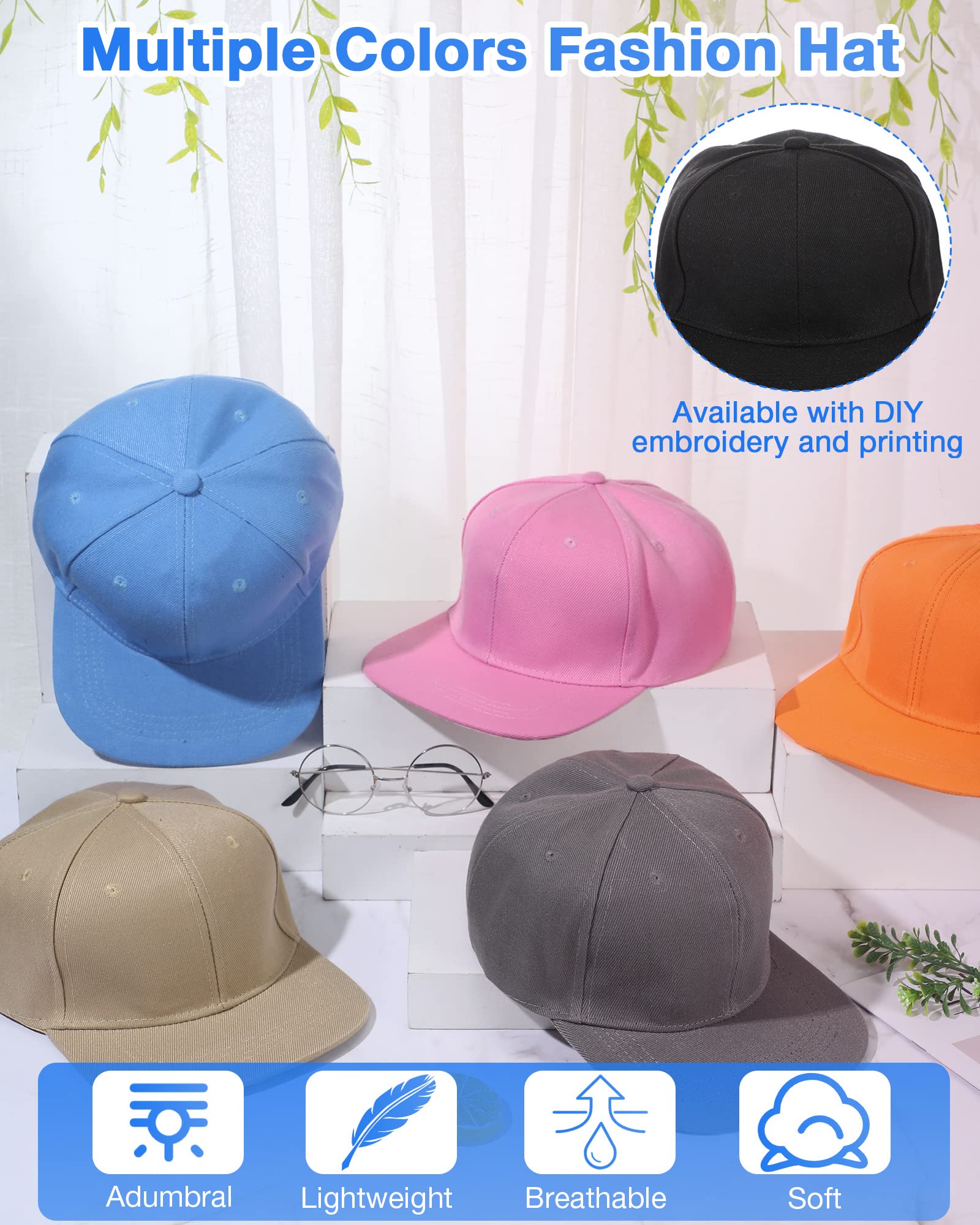 Jiuguva 15 Pieces Snapback Hat for Men Women Adjustable Fitted Flat Brim Hats Solid Color Flat Bill Hat Blank Hip Hop Caps for Baseball Team