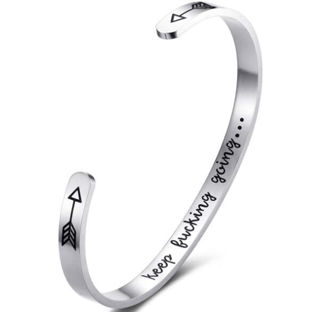 Jude Jewelers Stainless Steel Keep Going Inspirational Mantra Statment Cocktail Party Graduation Sports Bangle Bracelet (Silver)