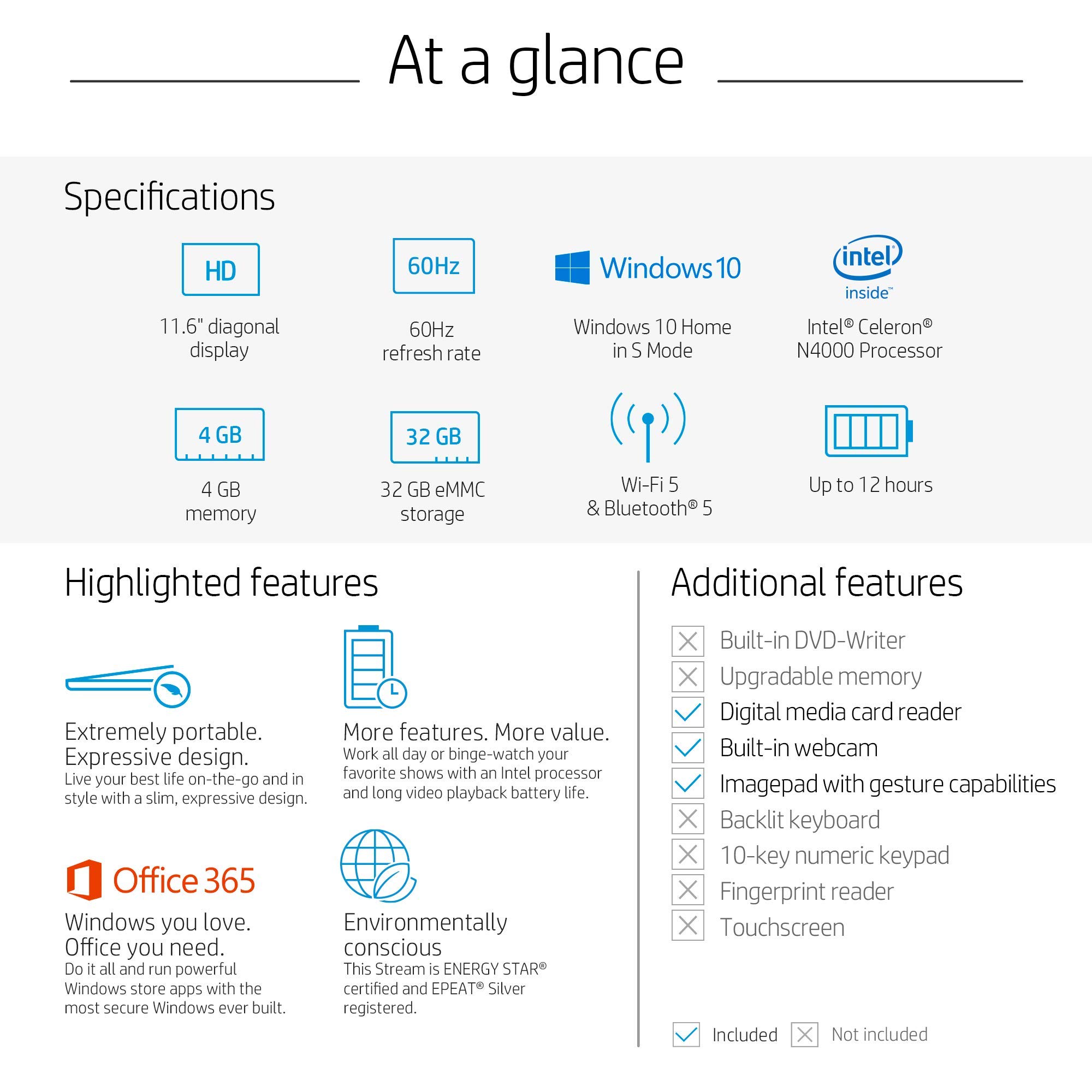 HP Stream 11-inch HD Laptop, Intel Celeron N4000, 4 GB RAM, 32 GB eMMC, Windows 10 Home in S Mode with Office 365 Personal for 1 Year (11-ak0010nr, Royal Blue) (Renewed)
