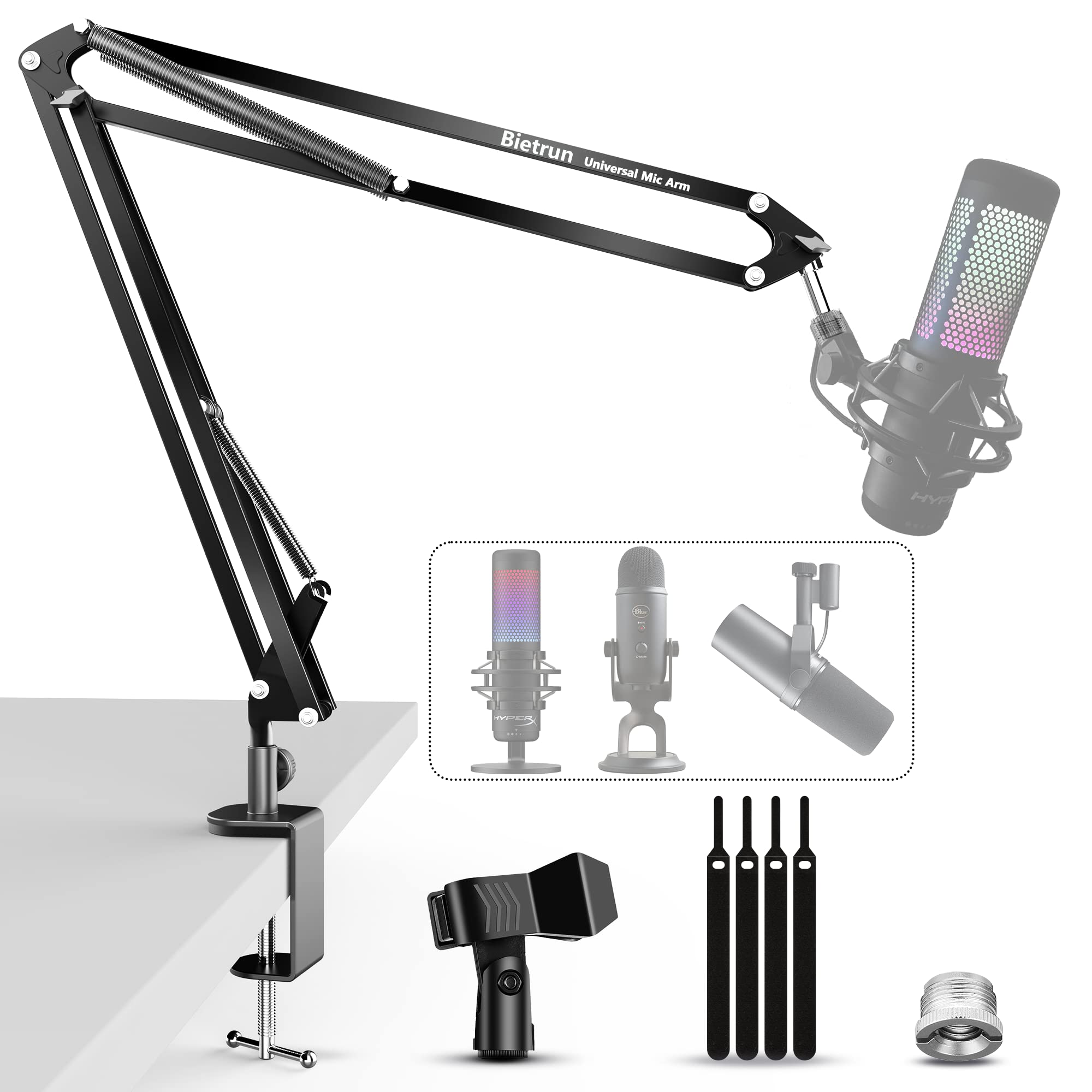 Mic Arm Desk Mount for HyperX QuadCast,Blue Yeti,Shure Sm7b,Boom Arm Mic Stand 360°Rotable with 3/8" to 5/8" Adapter,Mic Clip,2.5" Clamp for Handheld Mics,Podcast,Gaming,Recording,Large
