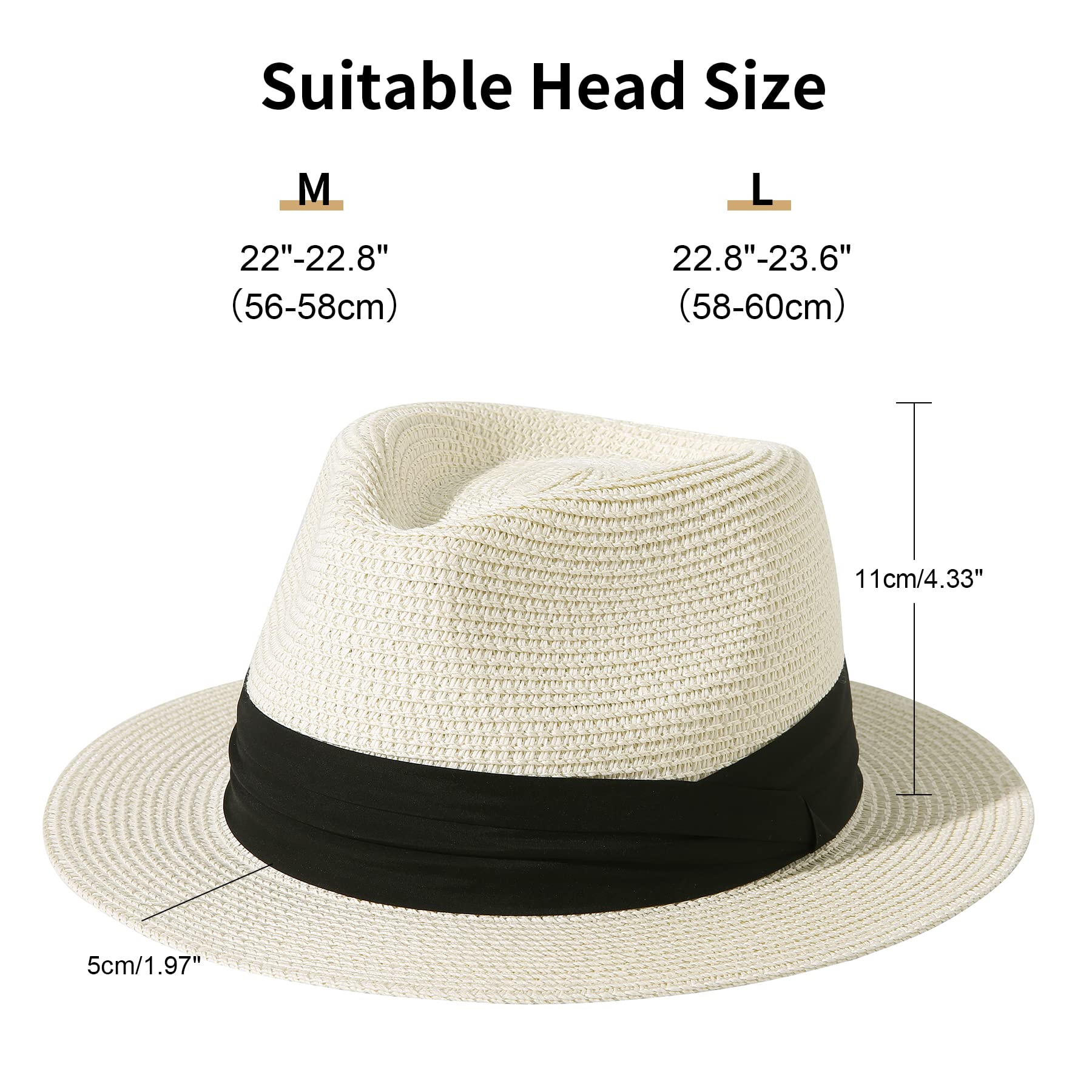 Lanzom Men Women Straw Sun Hat Short Brim Panama Fedora Beach Sun Hat Vacation Packable Roll Up Summer Hat(Large,Ivory White)