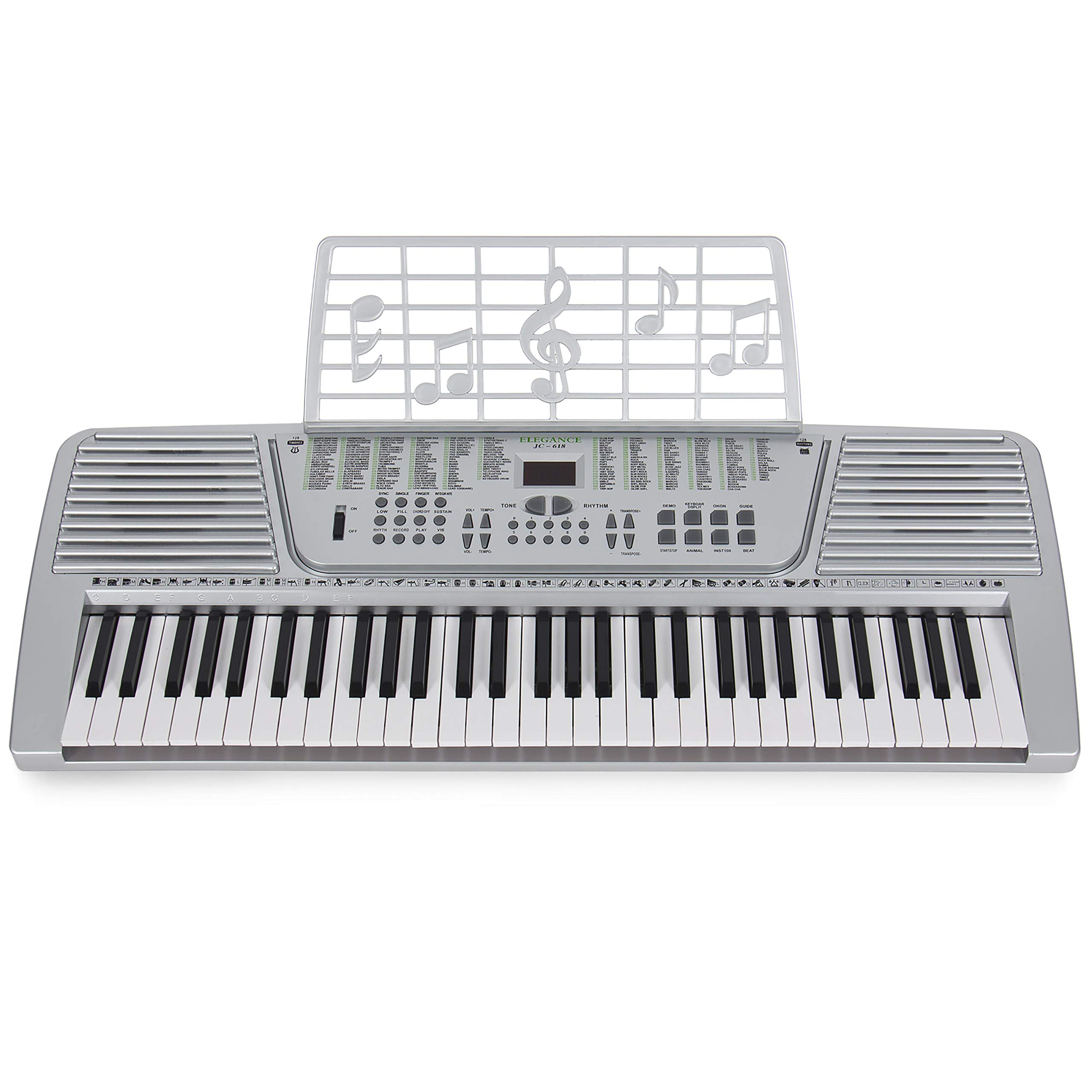 JUNELILY 61-Key Electronic Keyboard Piano Kit w/ 300 Built-in Tones, Music Rest & Demo Songs | Starter Piano Set for Beginners and Students for Piano Learning (Silver)