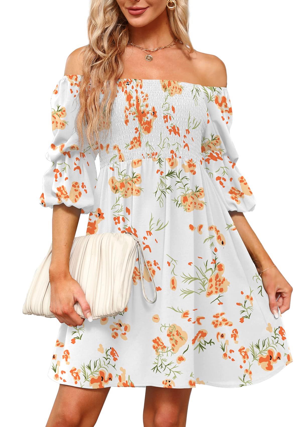 OFEEFAN Engagement Dresses for Photoshoot White Vacation Square Neck Off The Shoulder M