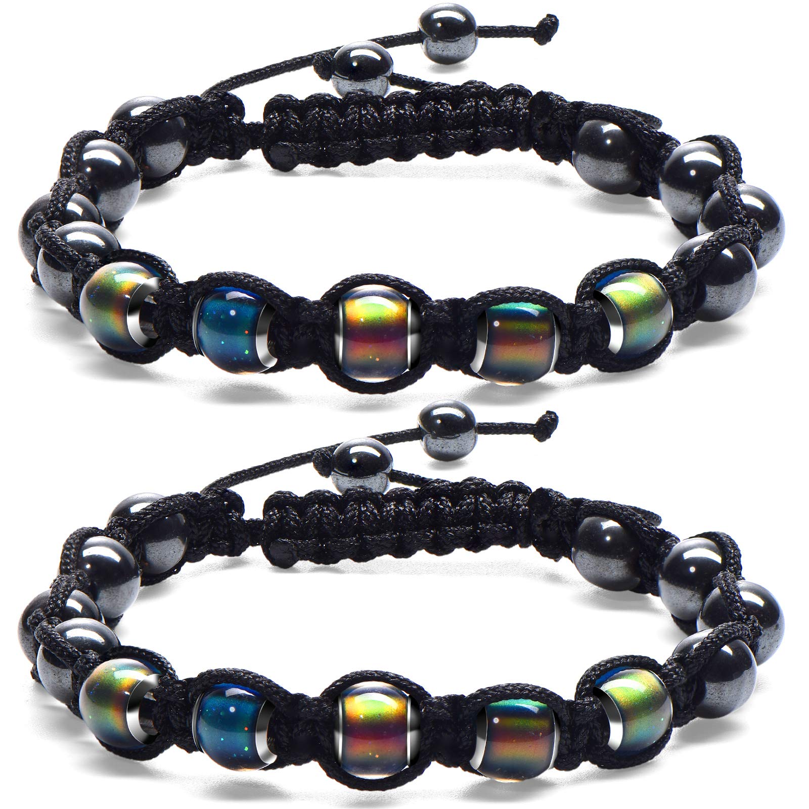 Hicarer Adjustable Mood Bracelet for Women 2 Pieces Dazzling Shimmer Color Changing Beads Based on Emotions Thermochromic Bead Bracelets Christmas Gift for Adult(Black Rope)