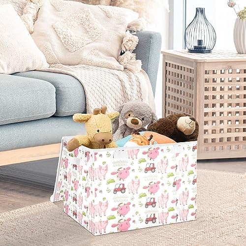 Krafig Foldable Storage Box Large Cube Organizer Bins Cute Farm Cow Pig Containers Baskets with Lids Handles for Closet Organization, Shelves, Clothes, Toys