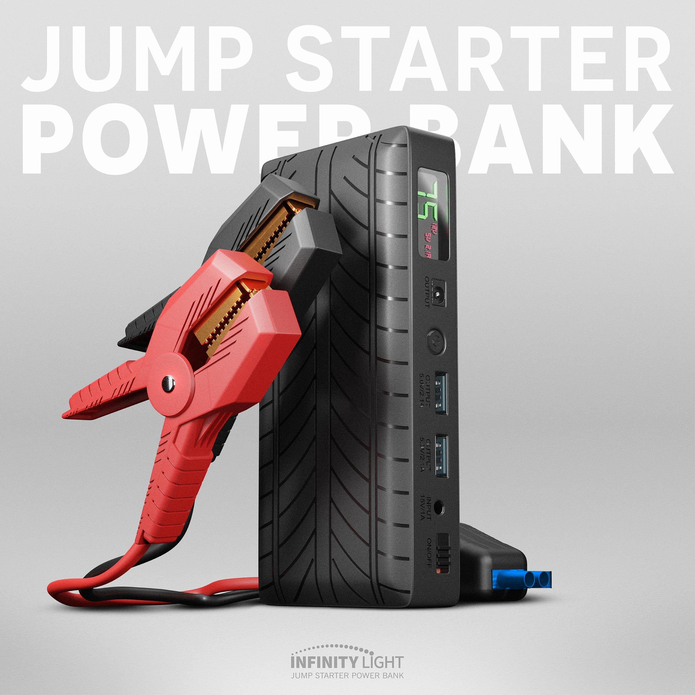 Infinity Light Jump Starter Battery Pack β 1000Amp 18,000mAh 12V Car Portable Battery Booster Pack Power Bank β 2 in 1 USB Charger with LCD Display, LED Light Emergency Warning Mode, 6L Gas/4L Diesel