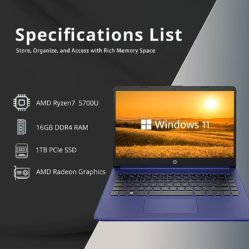 HP 14” HD Touchscreen Laptop, AMD Ryzen 7-5700U, 16GB RAM, 1TB PCIe SSD, AMD Radeon Graphics, HD Webcam, WI-FI 6, Bluetooth, HDMI, Blue, Windows 11, 32GB USB Card