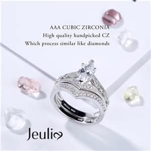 Jeulia 2 Pieces Ladies Rings Set Sterling Silver Milgrain Marquise Cut Rings Jewelry for Bridal Wedding Band Engagement Anniversary Ring (6)