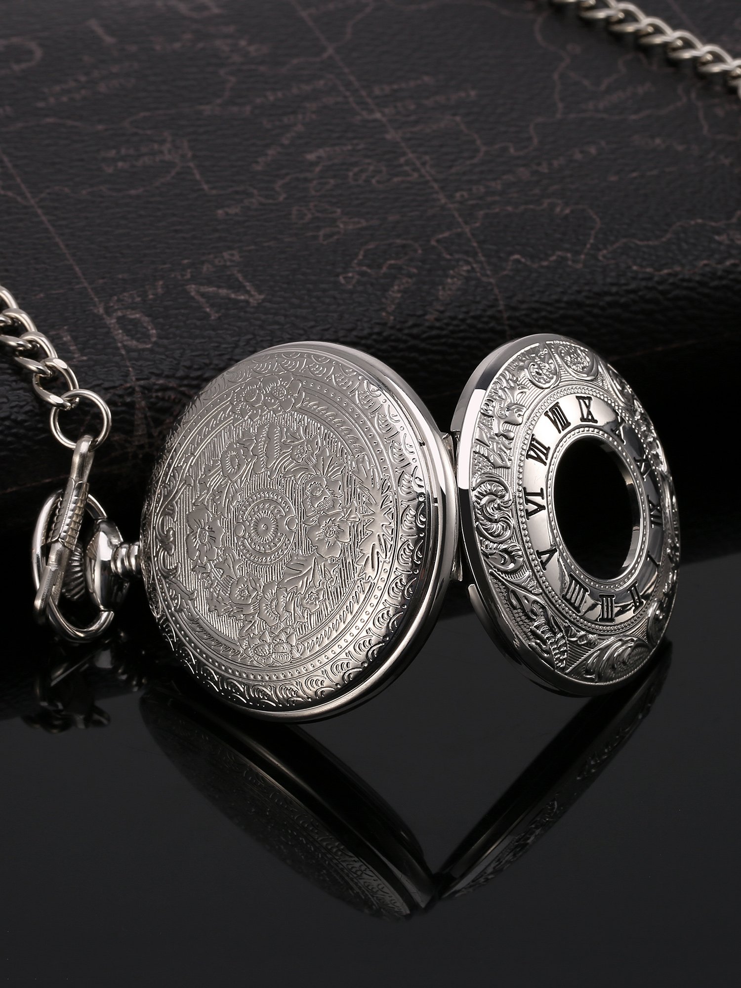 Hicarer Vintage Pocket Watch Steel Men Watch with Chain (Silver)