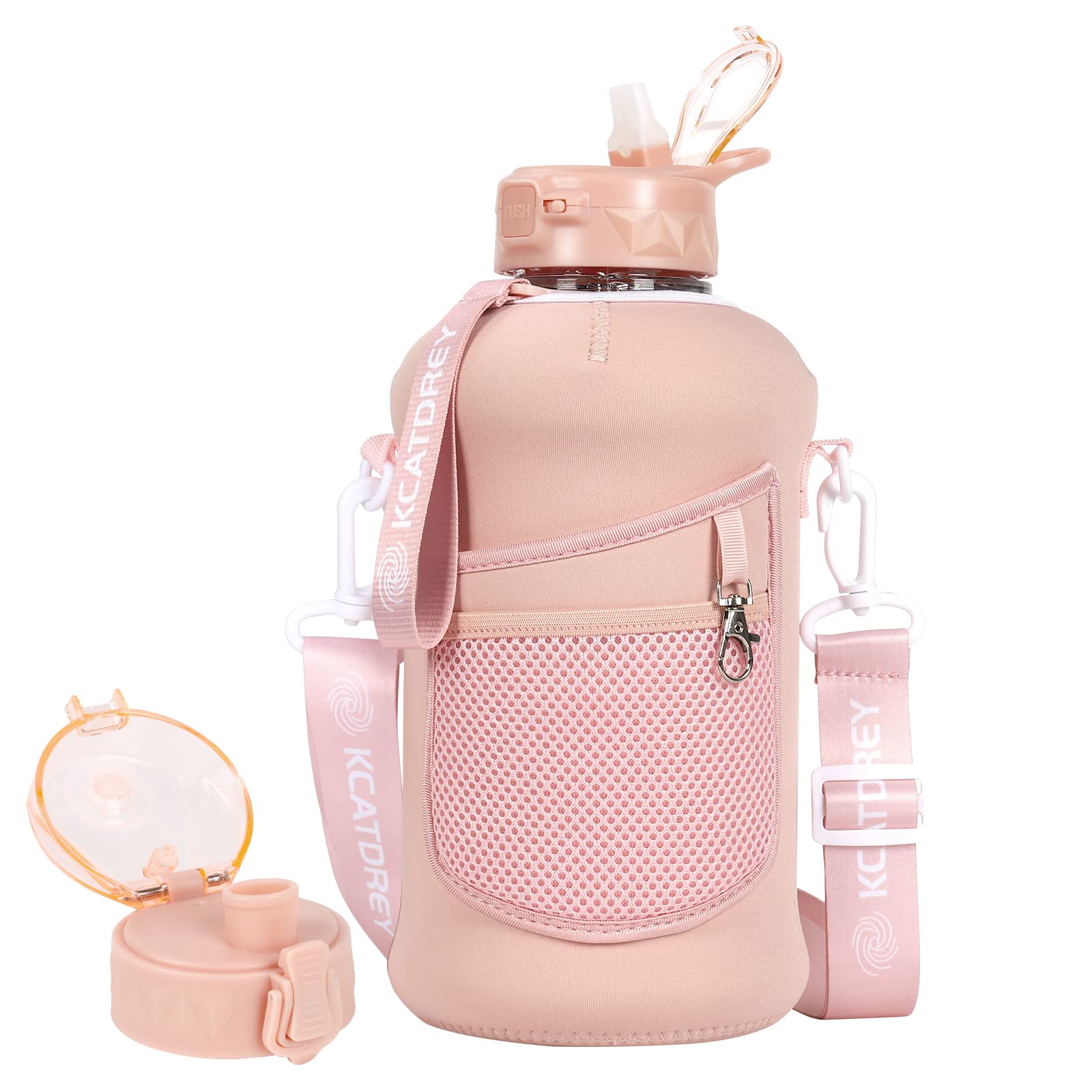 KCATDREY Half Gallon Water Bottle with Straw and Sleeve 74oz /2.2L Leakproof Big Reusable Water Jug with Handle, Suitable for Workout Gym Sports Outdoor