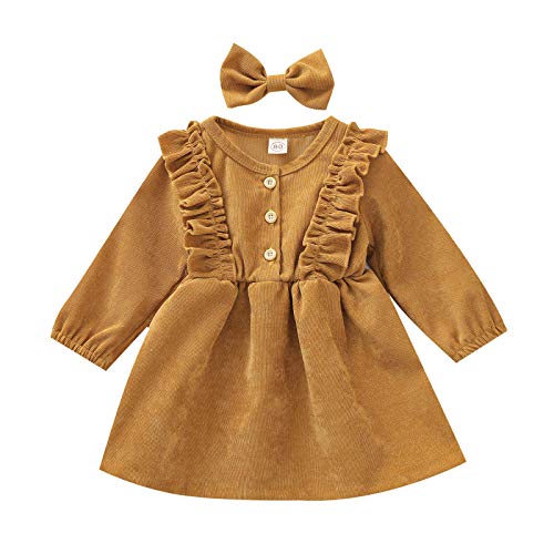 YQYJA Toddler Baby Girls Fall Winter Corduroy Ruffle Long Sleeve Dress Headband Kids Dresses (Mustard Yellow, 6-12 Months)