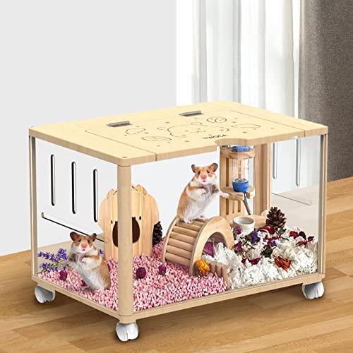 TWOCA Hamster Cages,Wooden Hamster Cage,Acrylic Hamster Cage,Hand-Carved Hamster cage,Suitable for Hamster/Chinchilla/Rabbit/Chicks